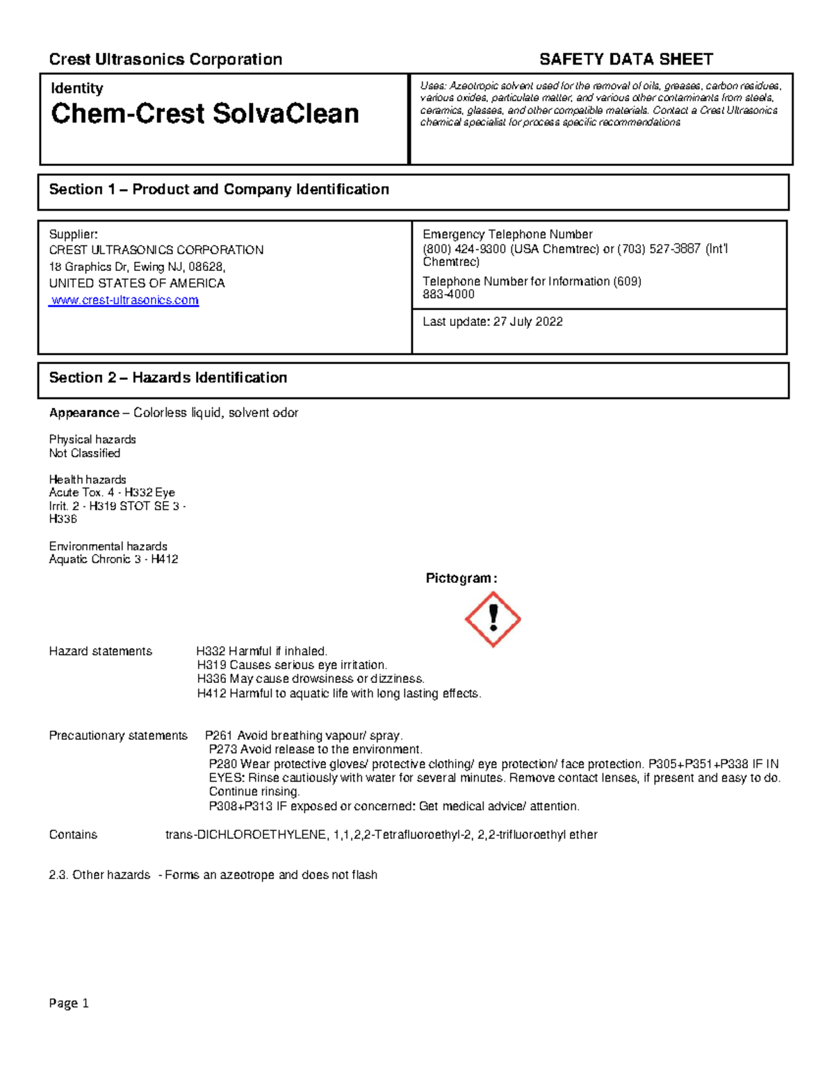 SDS - Chem Crest Solva Clean - JULY 2022 - Crest Ultrasonics ...