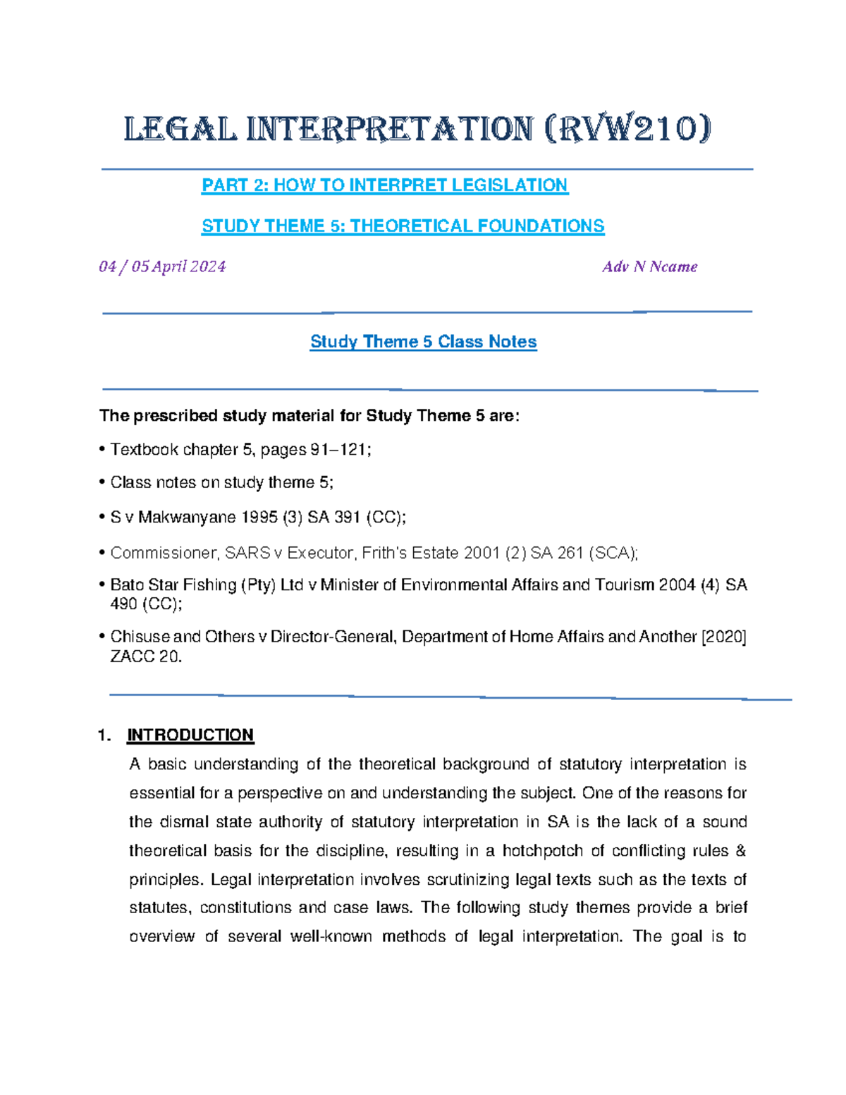 Study Theme 5 - notes - Legal interpretation (Rvw210) PART 2: HOW TO ...
