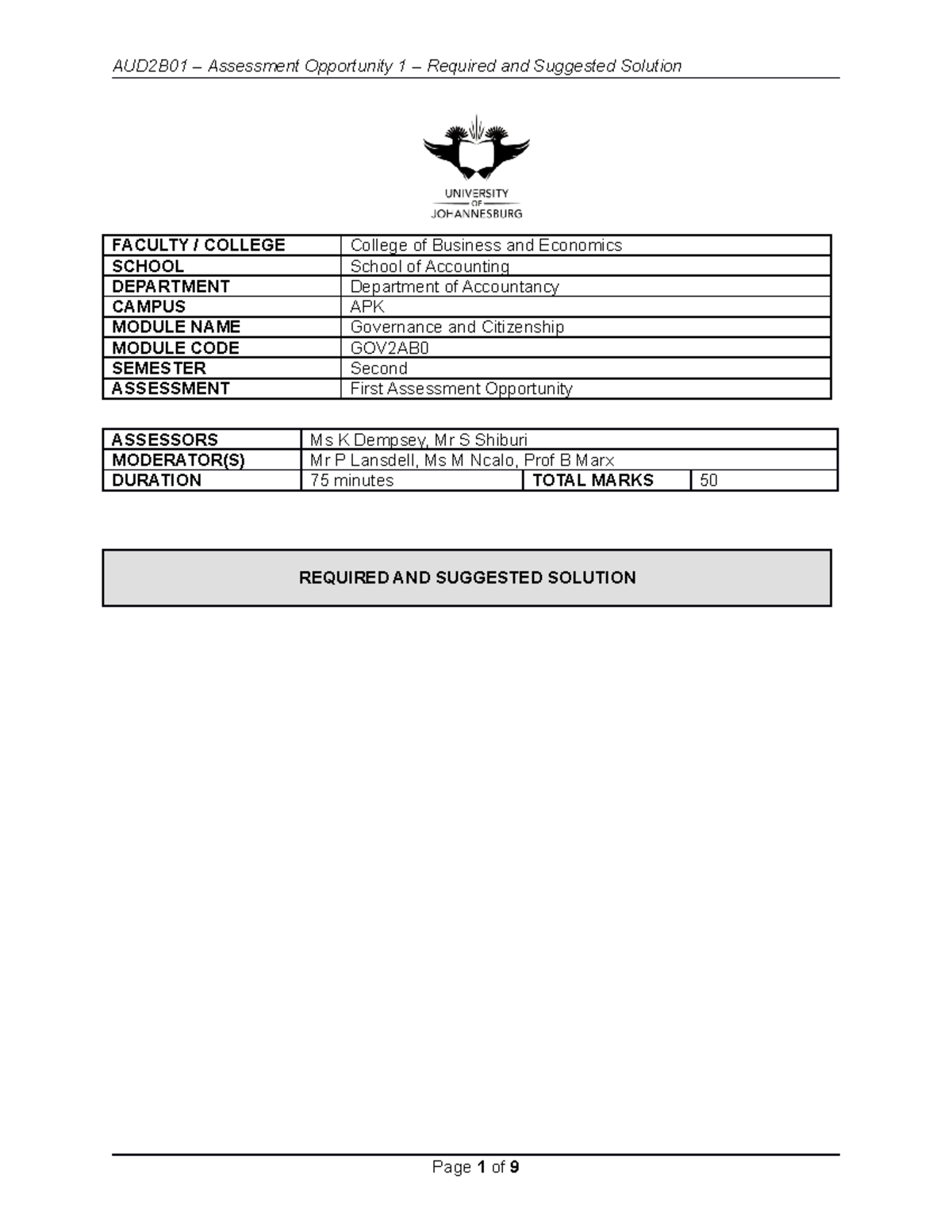 UJ AUD2B01 Assessment Opportunity 1 - Required and Suggested Solution ...
