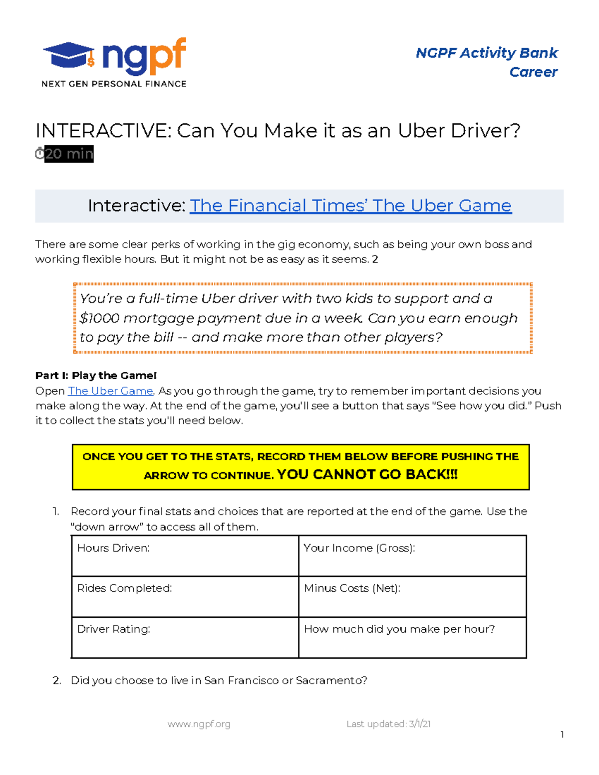 Interactive Can You Make it as an Uber Driver - NGPF Activity Bank ...