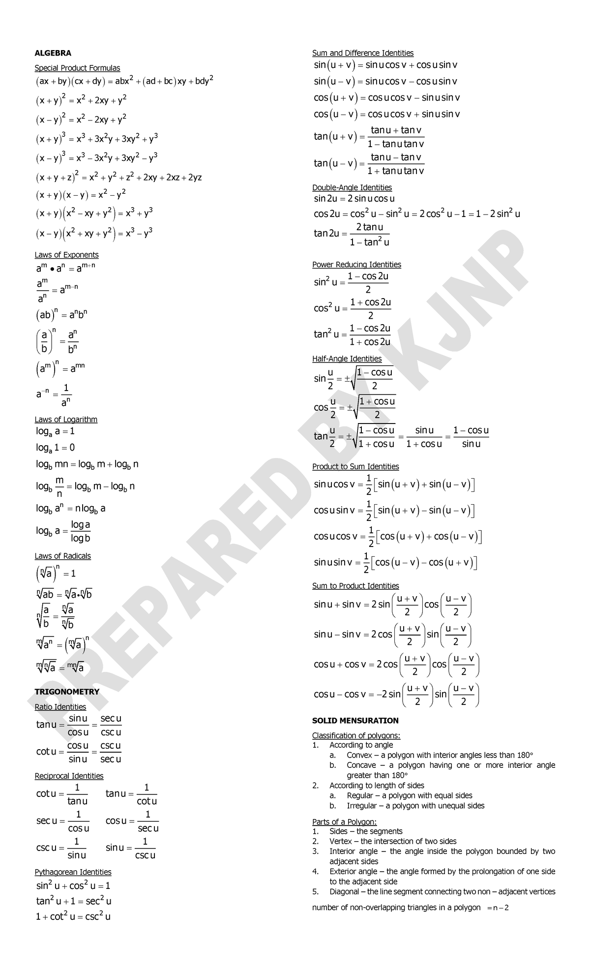 Formulas for Life - ALGEBRA Special Product Formulas ( ax + by ) ( cx ...