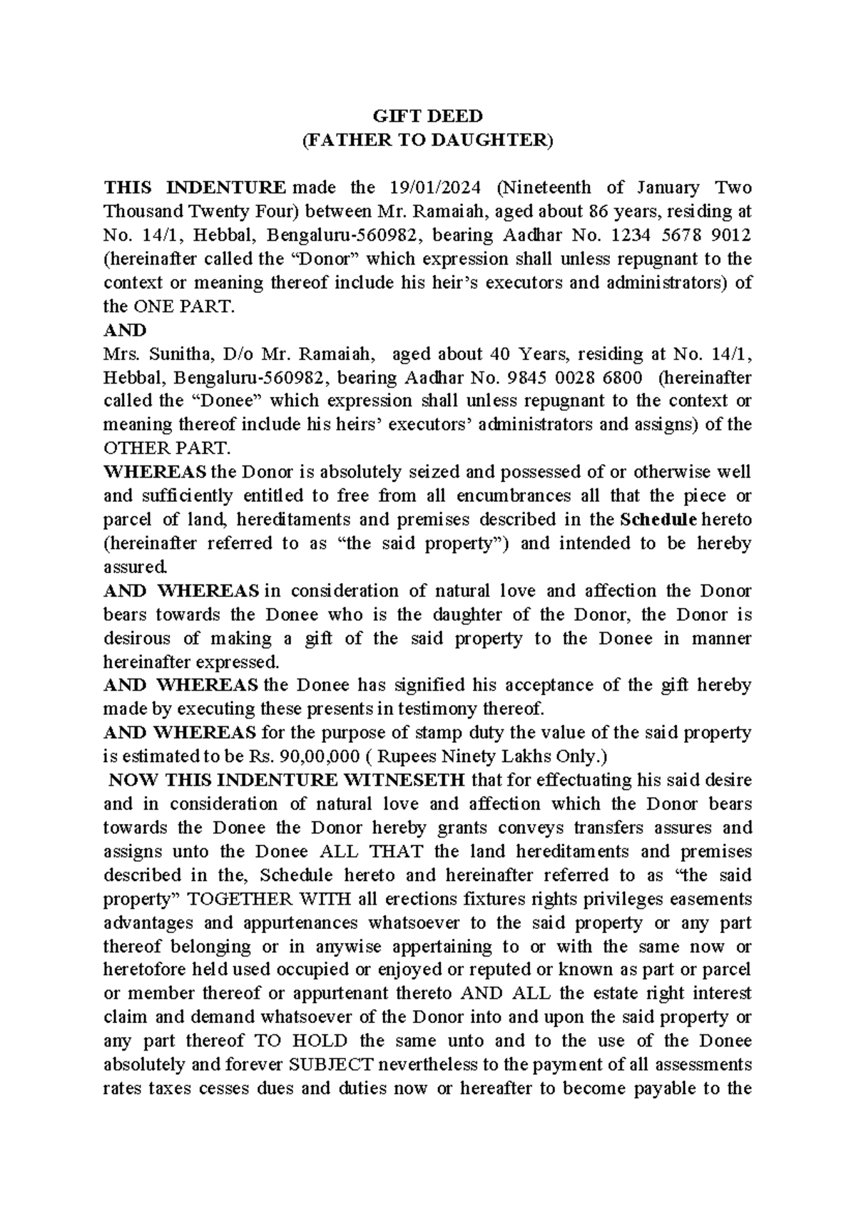 GIFT DEED Conveyancing - GIFT DEED (FATHER TO DAUGHTER) THIS INDENTURE ...