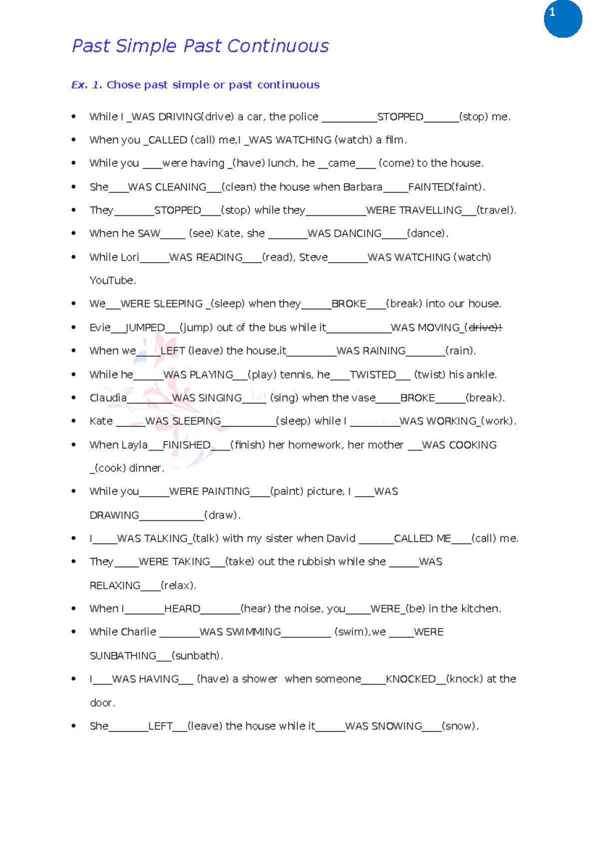 Past-simple-and-past-continuous-grammar-drills 124635 - Past Simple Past Continuous Ex. 1. Chose ...