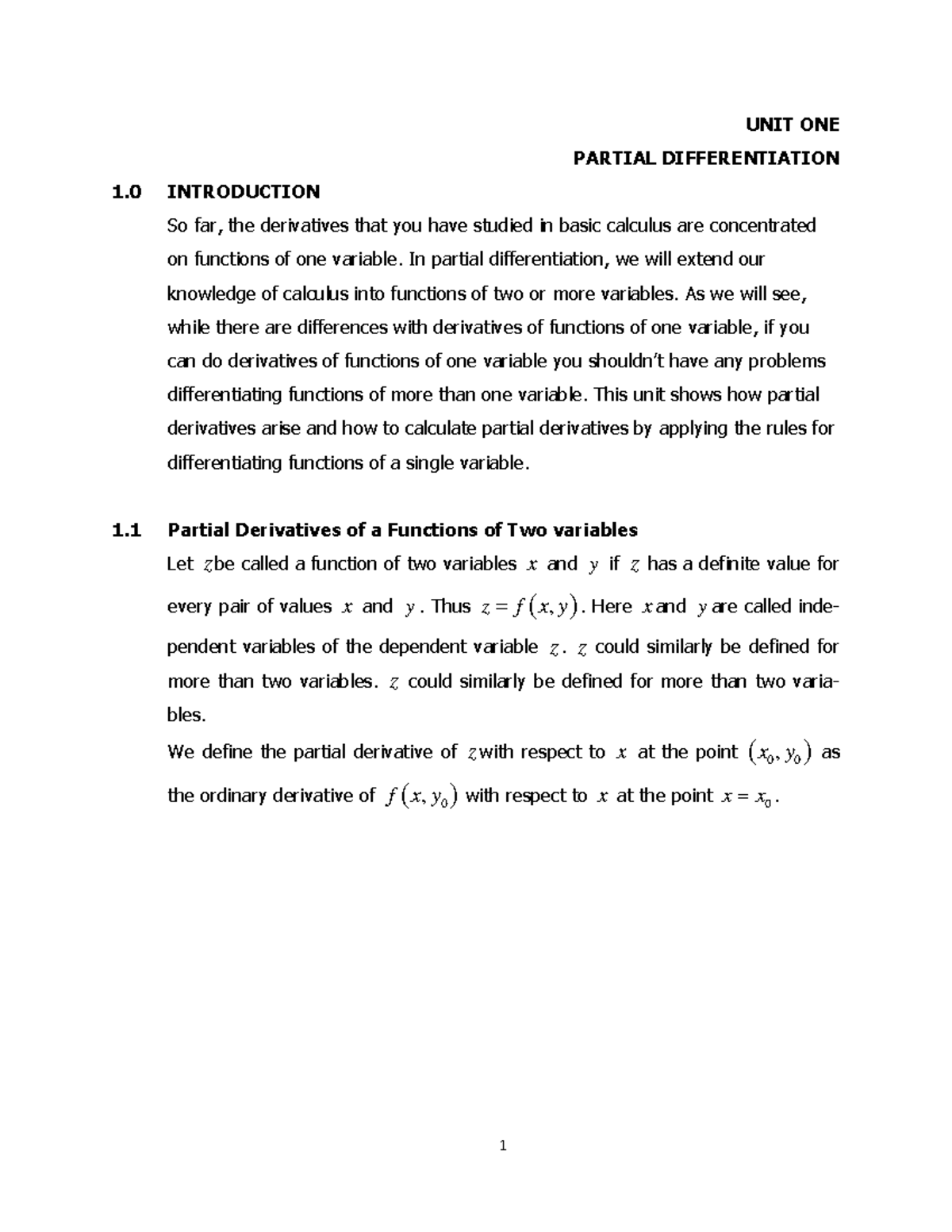 MATH 265 FULL - Lecture notes 1 - UNIT ONE PARTIAL DIFFERENTIATION 1 ...