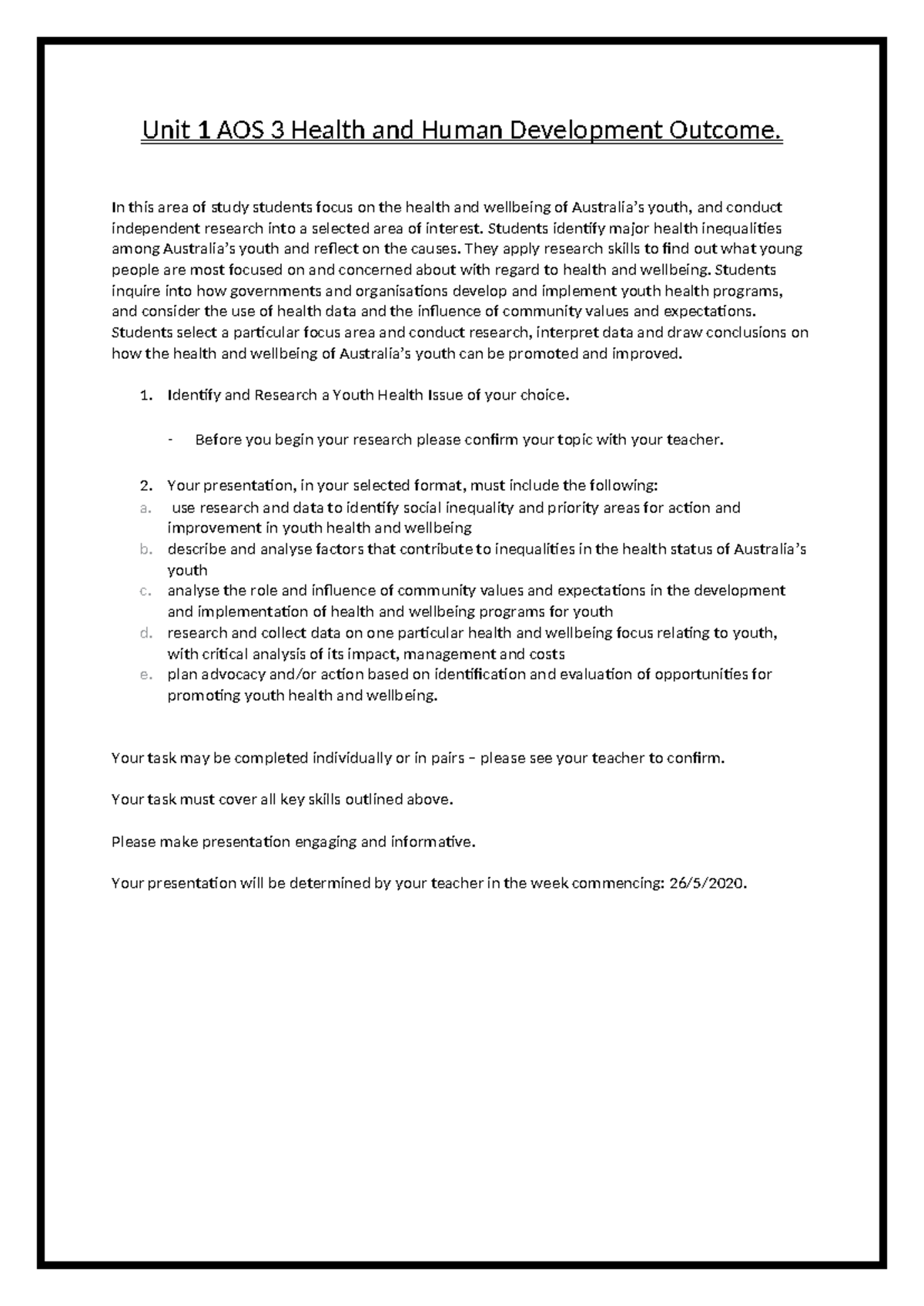 Unit 1 AOS 3 Health and Human Development Outcome 3 - In this area of ...