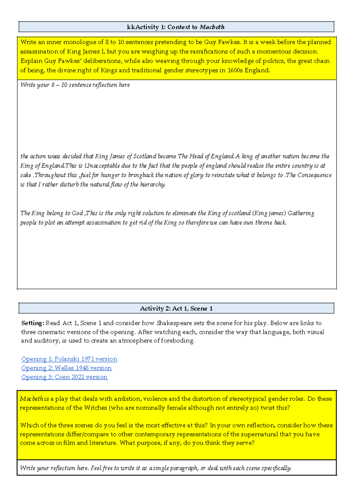 Act 1 Activities - kkActivity 1: Context to Macbeth Write an inner ...