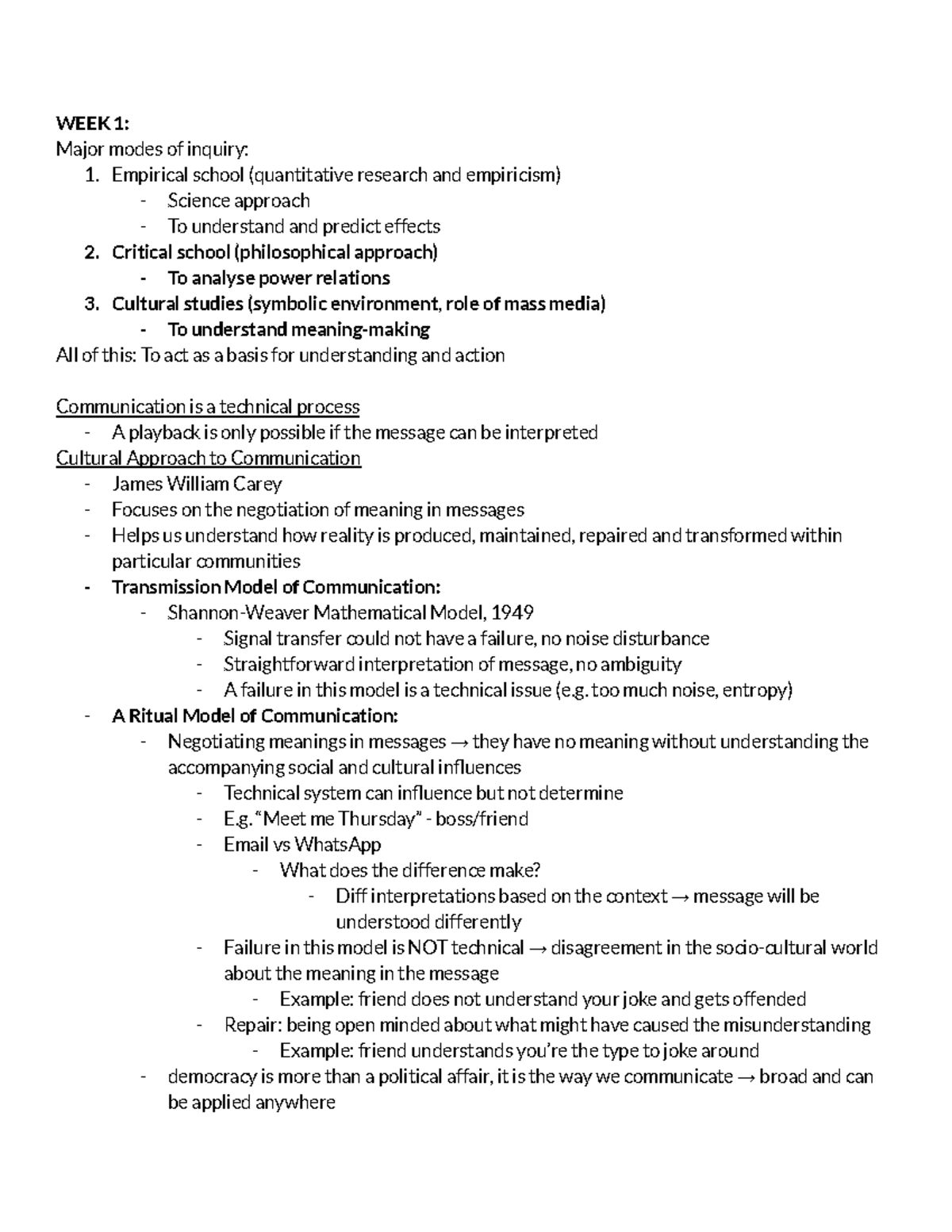NM2101 Midterm Notes - WEEK 1: Major modes of inquiry: 1. Empirical ...