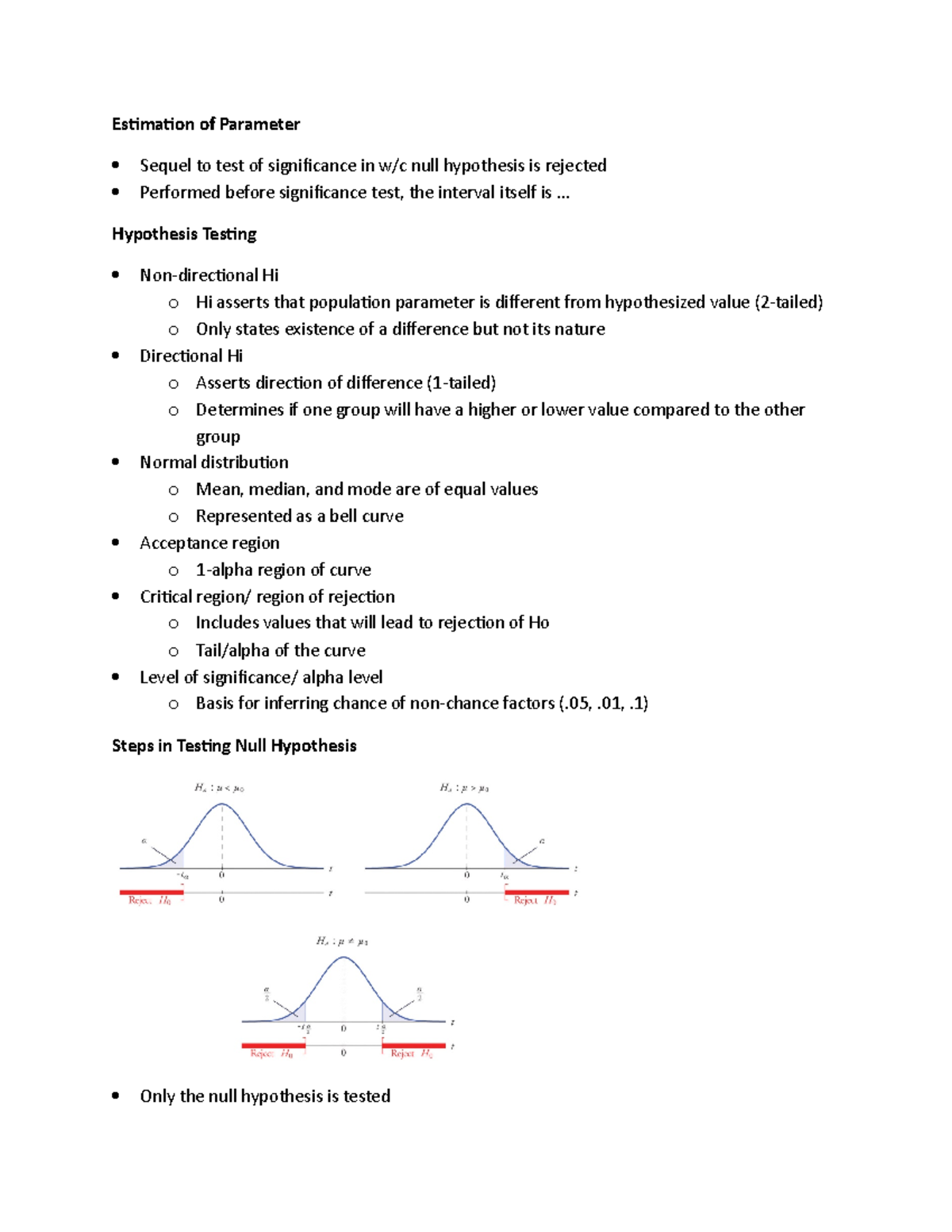Estimation of Parameter - .. Hypothesis Testing Non-directional Hi o Hi ...
