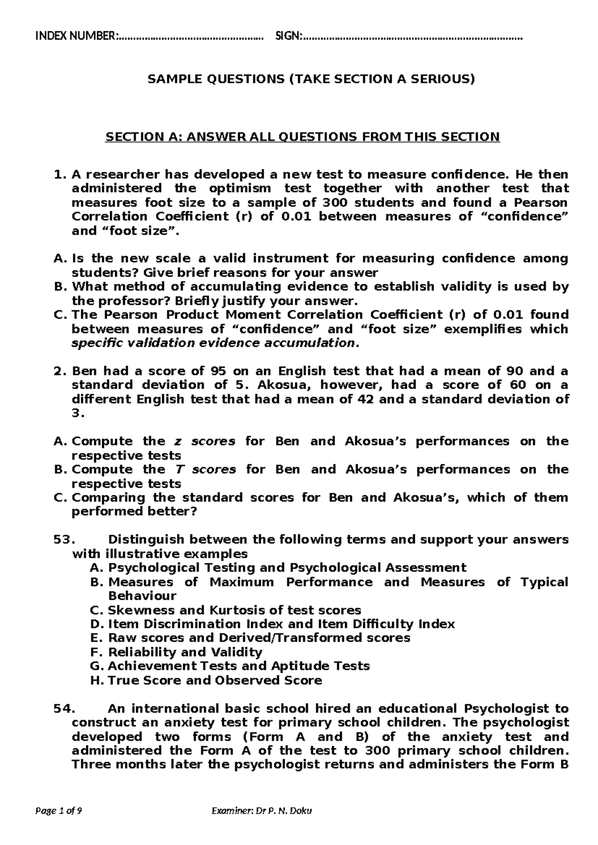 Sample Exams - Final - SAMPLE QUESTIONS (TAKE SECTION A SERIOUS ...