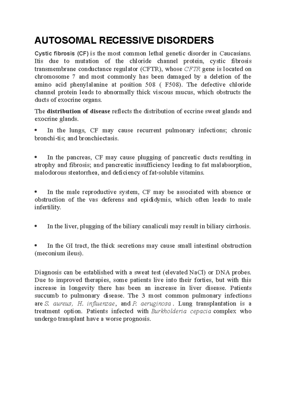 Autosomal Recessive Disorders - AUTOSOMAL RECESSIVE DISORDERS Cystic ...