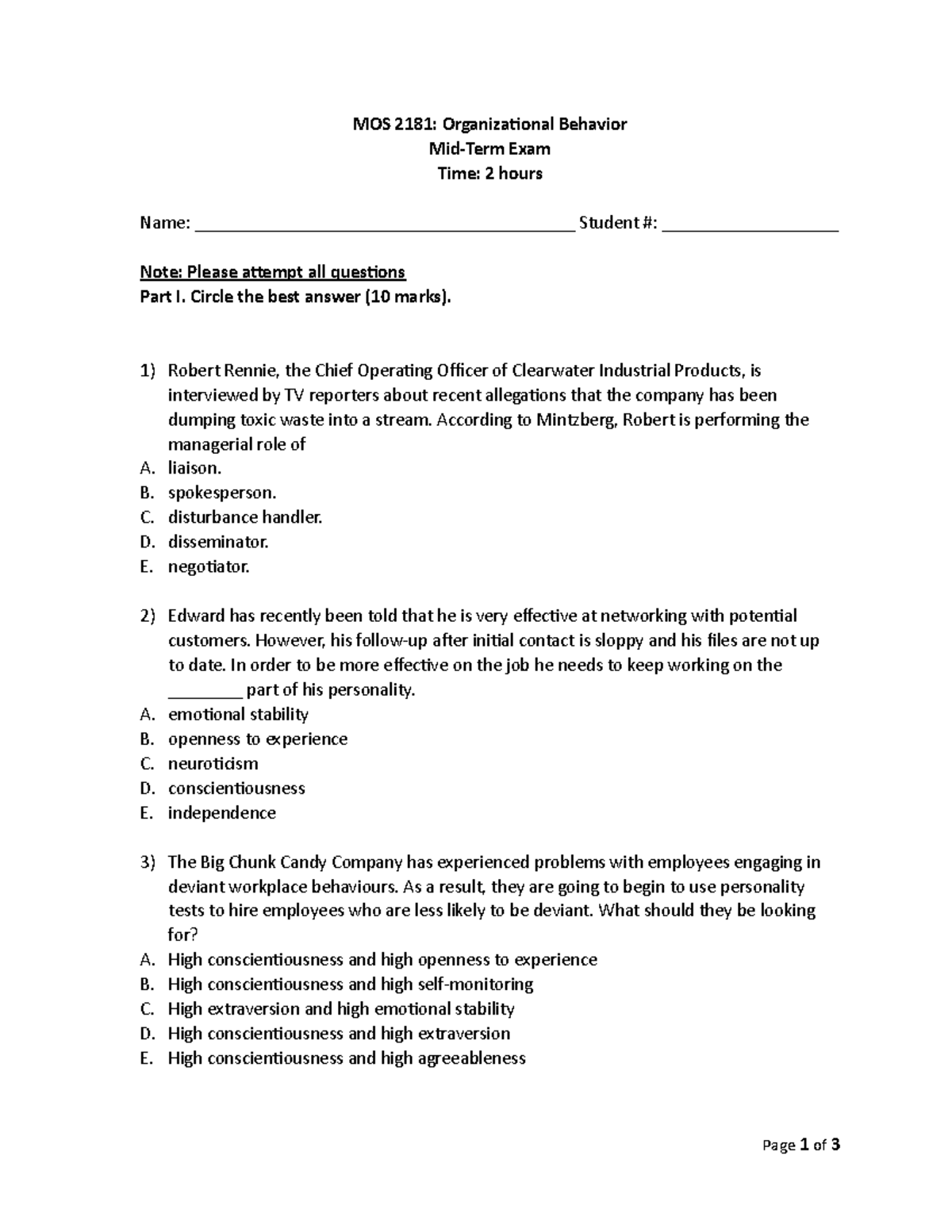 Sample Mid term exam - MOS 2181: Organizational Behavior Mid-Term Exam ...