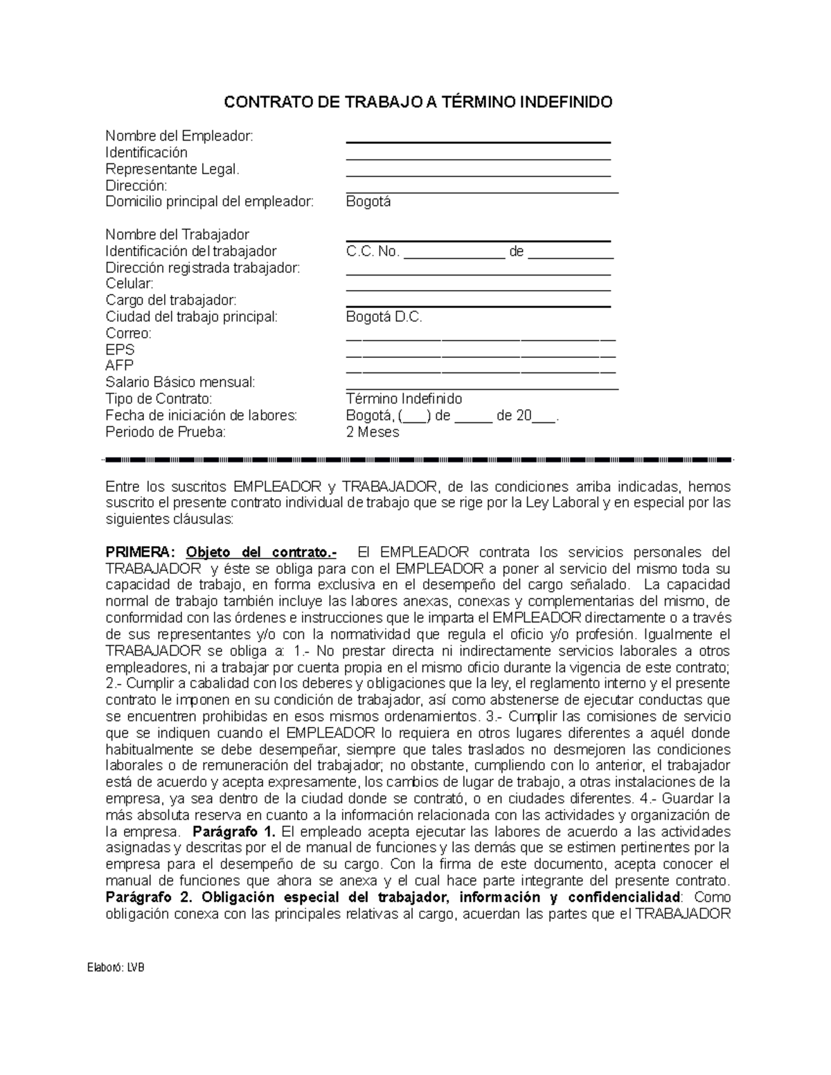 Modelo Contrato Indefinido - CONTRATO DE TRABAJO A TÉRMINO INDEFINIDO ...