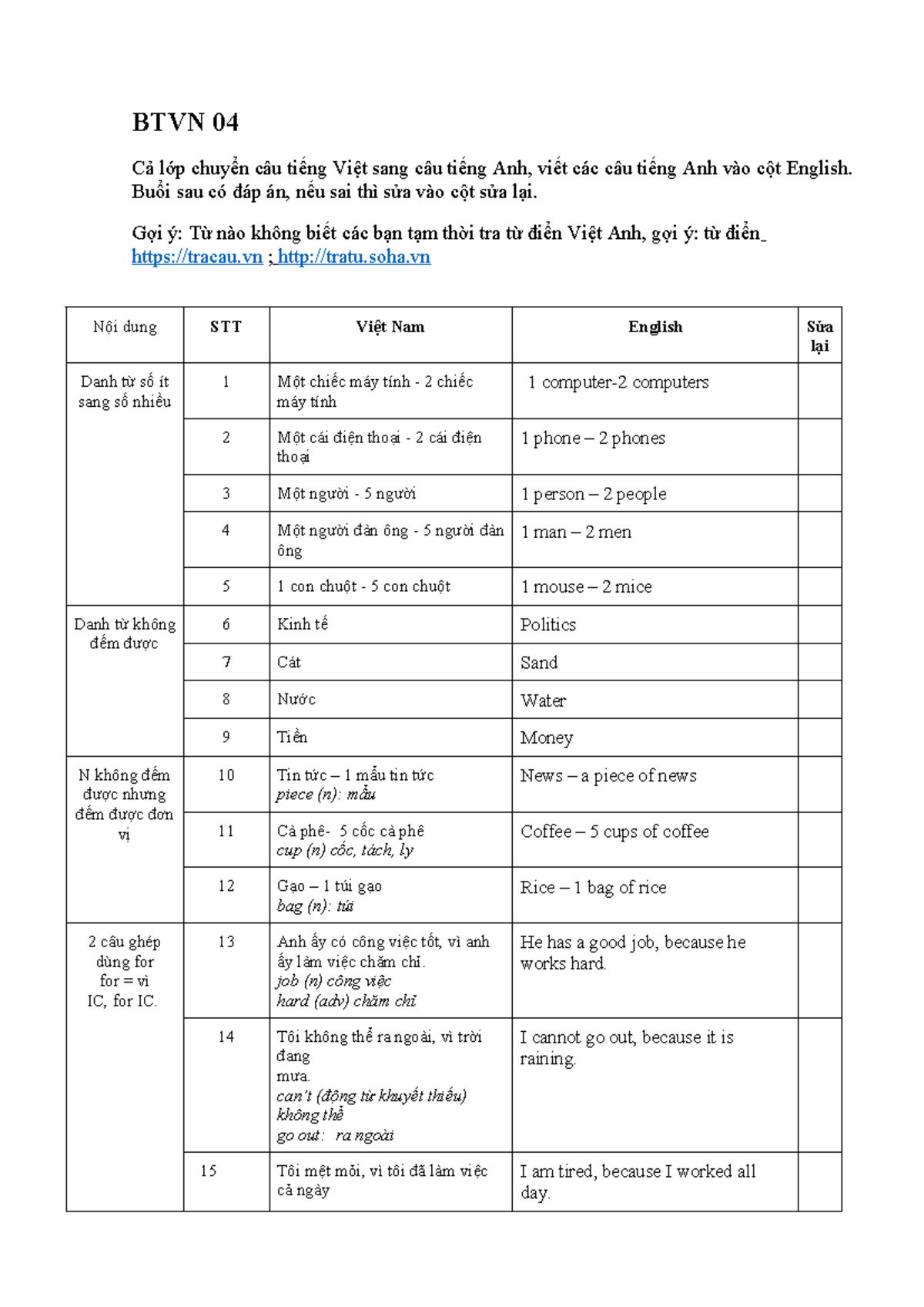 BTVN 04 - BTVN 04 Cả lớp chuyển câu tiếng Việt sang câu tiếng Anh, viết các câu tiếng Anh vào ...