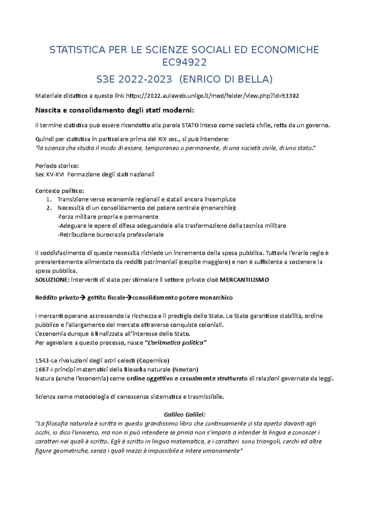 Statistica - STATISTICA PER LE SCIENZE SOCIALI ED ECONOMICHE EC S3E 2022-2023 (ENRICO DI BELLA ...