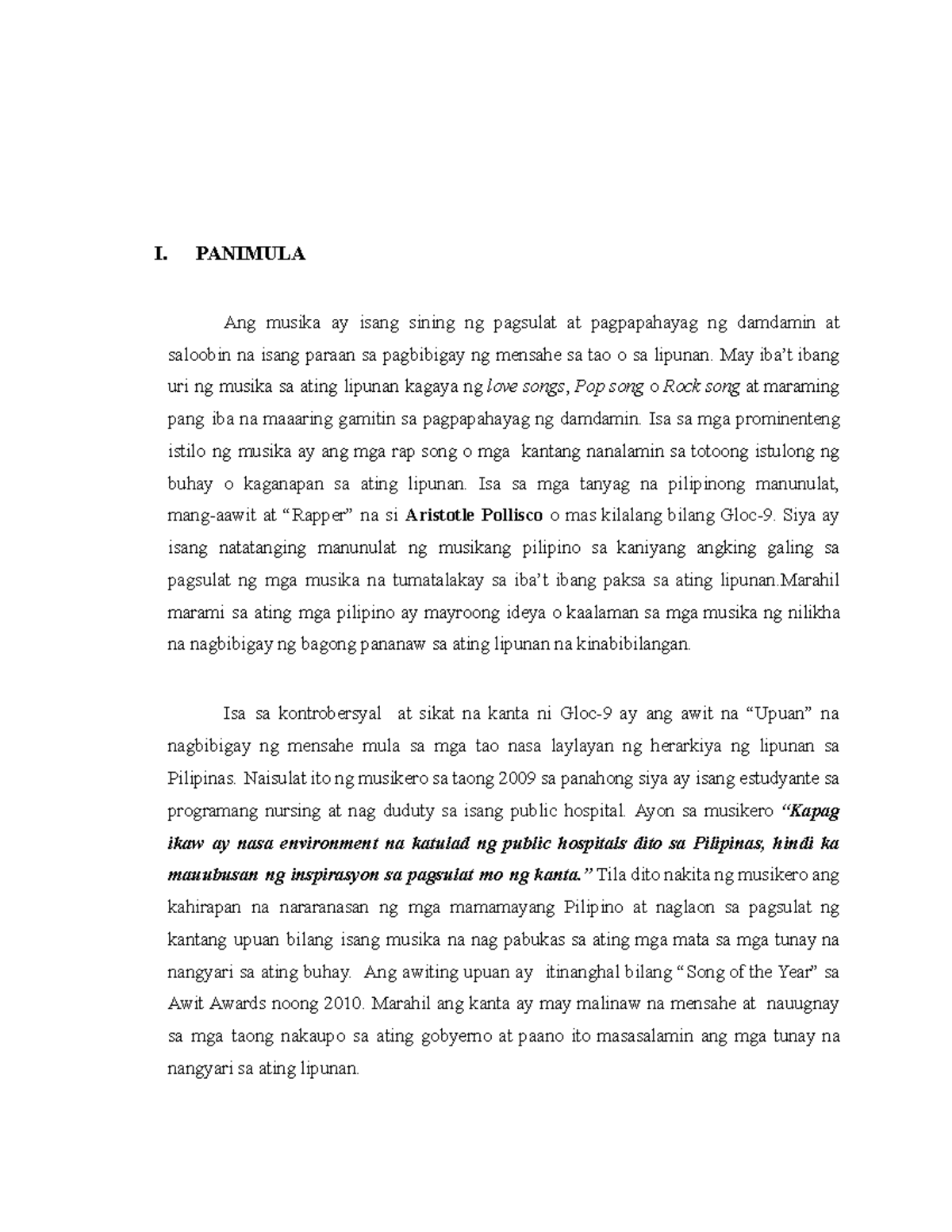 Dalumat Sanaysay - I. PANIMULA Ang musika ay isang sining ng pagsulat ...