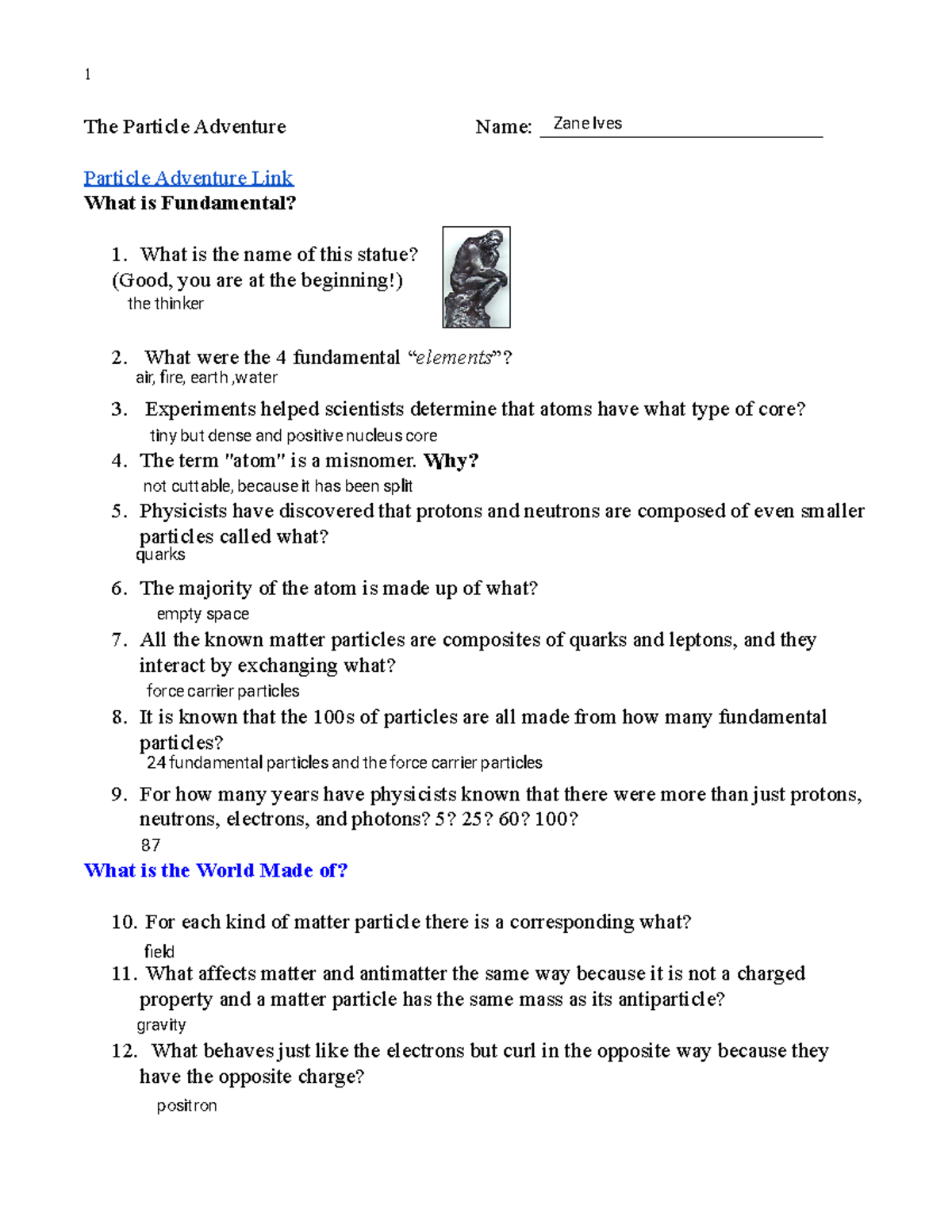 The Particle Adventure Worksheet - The Particle Adventure Name