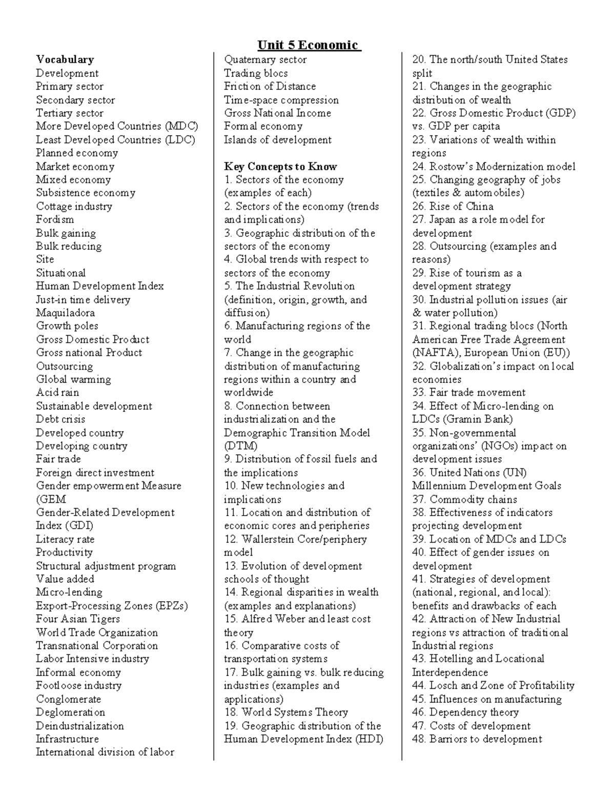 Unit 5 economic study guide - Unit 5 Economic Vocabulary Development ...