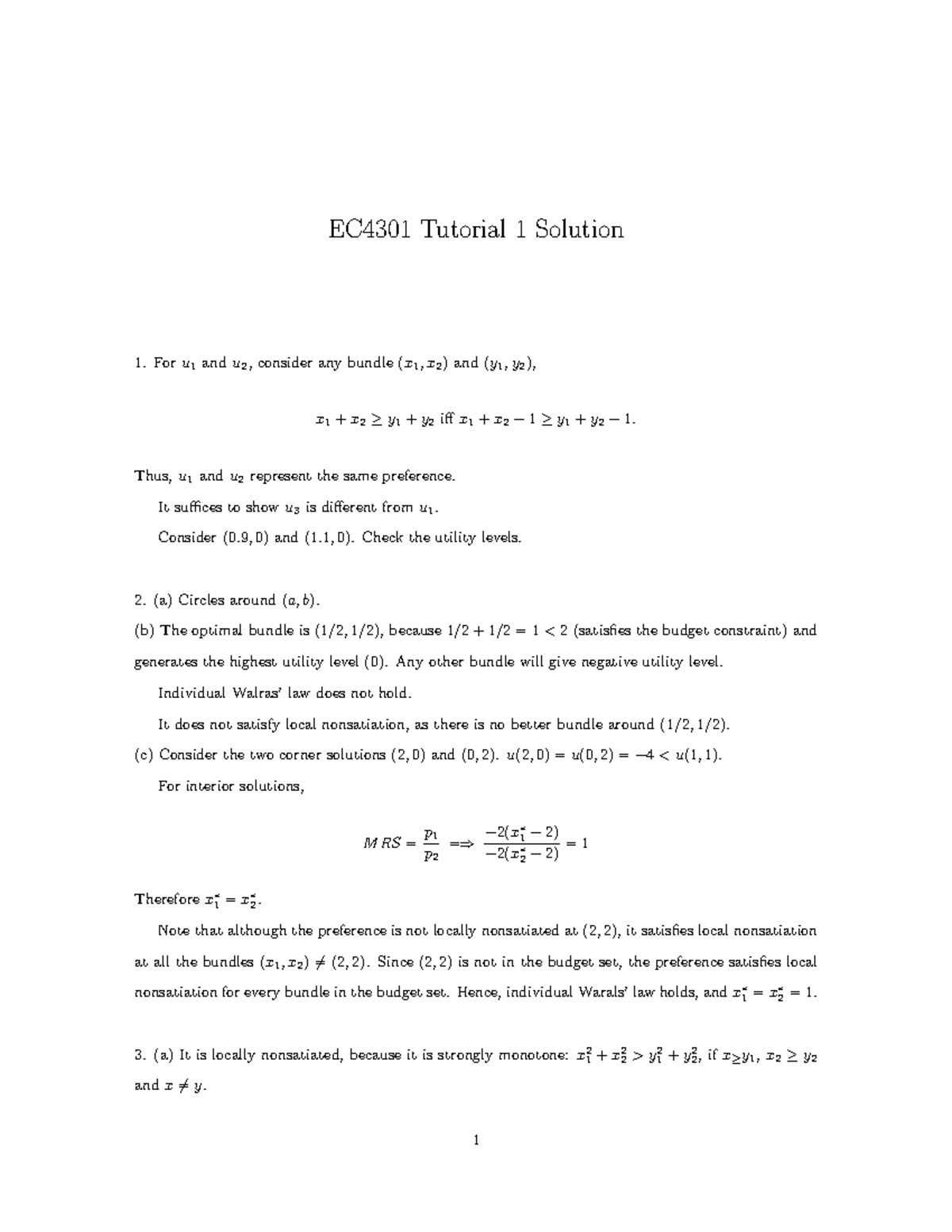 EC4301 T1 Solution - EC4301 Tutorial 1 Solution For u 1 and u 2 , consider any bundle (x 1 , x 2 ...