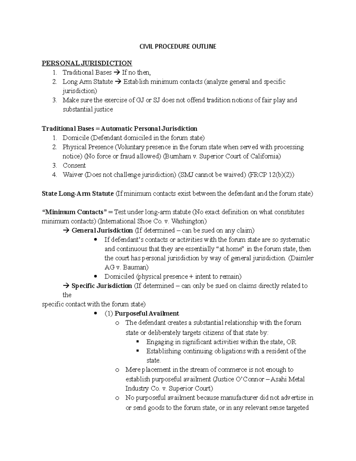 Civil Procedure Outline - CIVIL PROCEDURE OUTLINE PERSONAL JURISDICTION ...