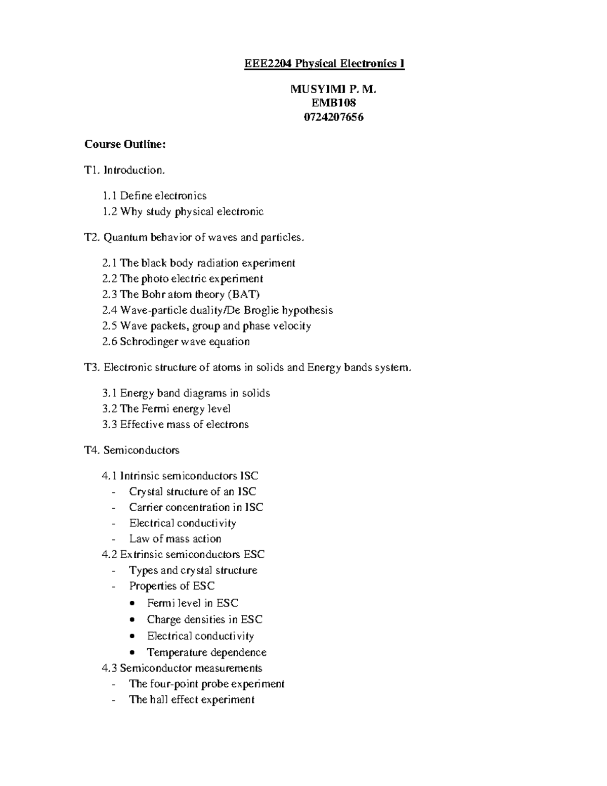 Course Outline EEE2204 Physical Electronics I - EEE2204 Physical ...