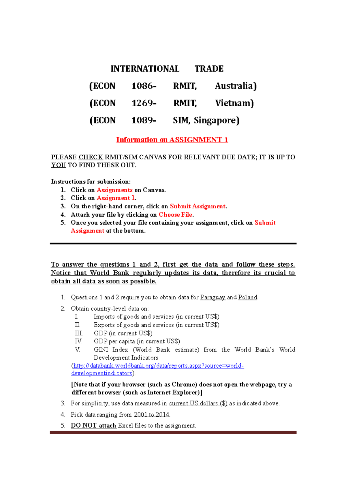 IT Assignment 1 international trade - INTERNATIONAL TRADE (ECON 1086 ...