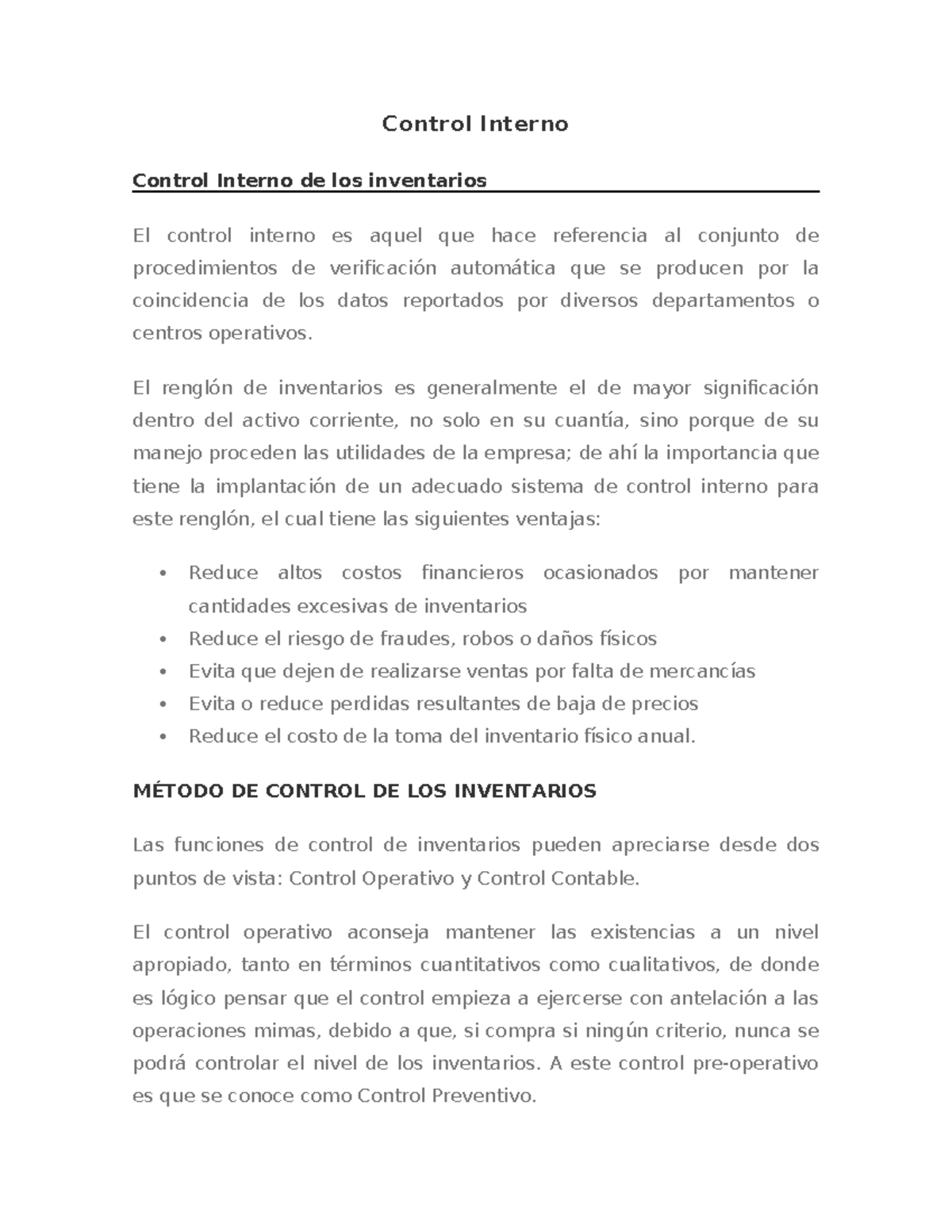 Control Interno de Inventarios - Control Interno Control Interno de los inventarios El control ...