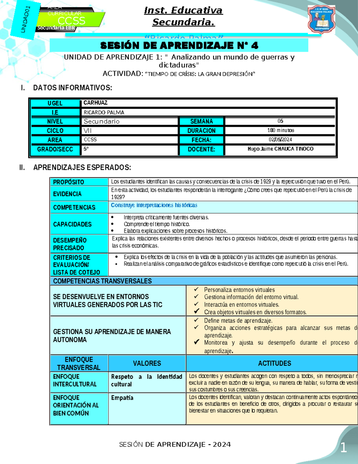 Sesion CCSS 5° SEC- Semana 04 - CCSS UNIDAD Secundaria EBR CURRICULAR Inst. Educativa Secundaria ...
