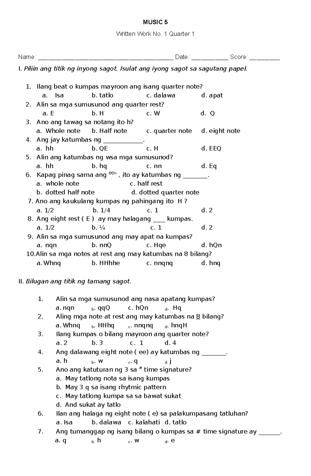 Grade 5 Summative Test in Music Modules 1-3 - MUSIC 5 Written Work No ...