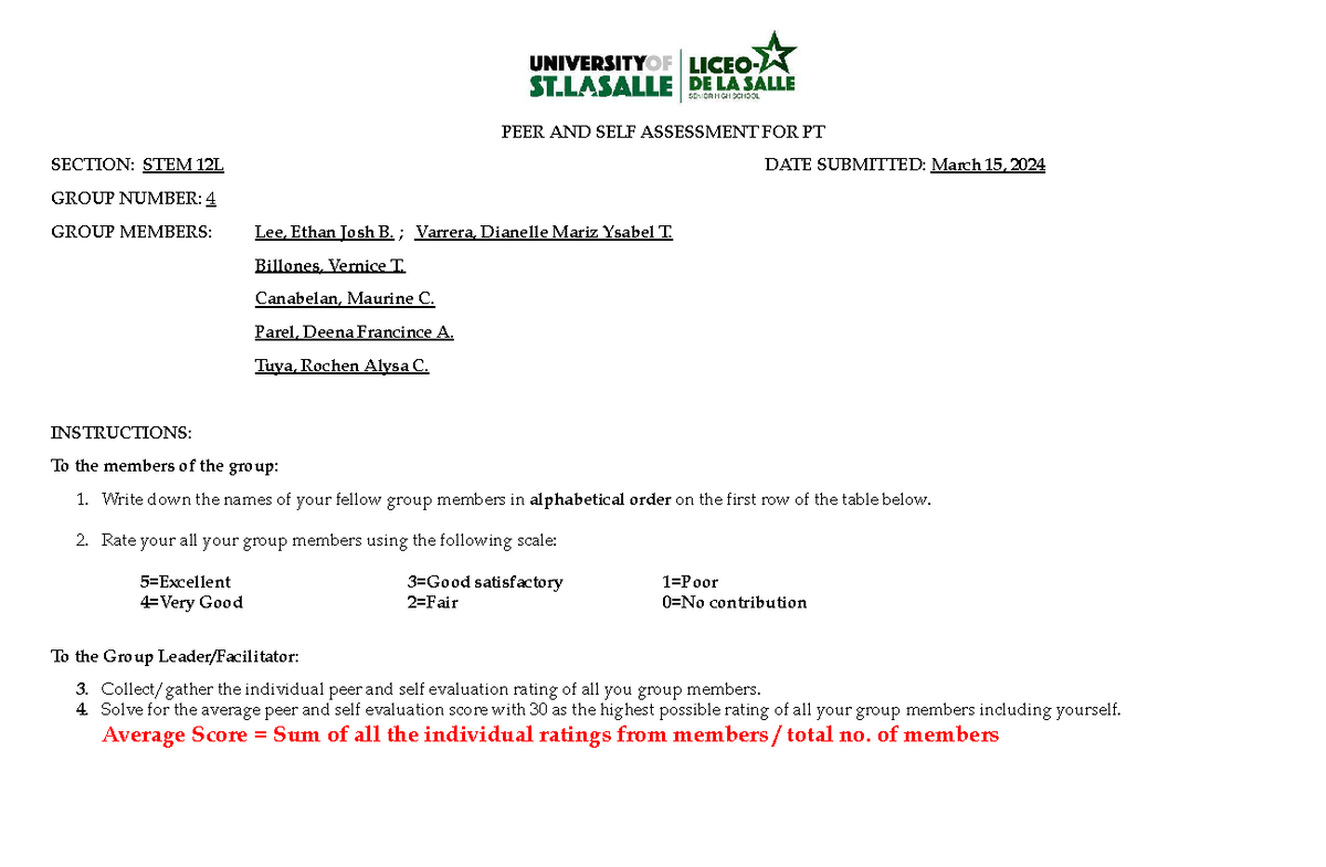 4TH Quarter PEER Evaluation - PEER AND SELF ASSESSMENT FOR PT SECTION ...