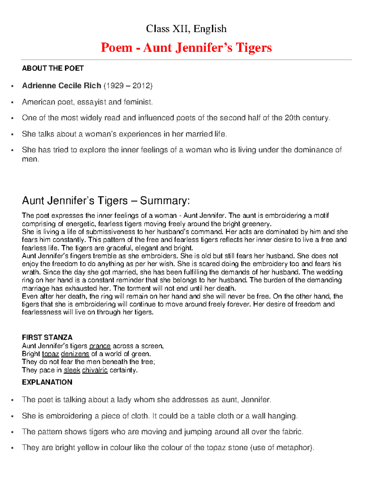 Aunt Jennifer's tigers - Class XII, English Poem - Aunt Jennifer’s ...