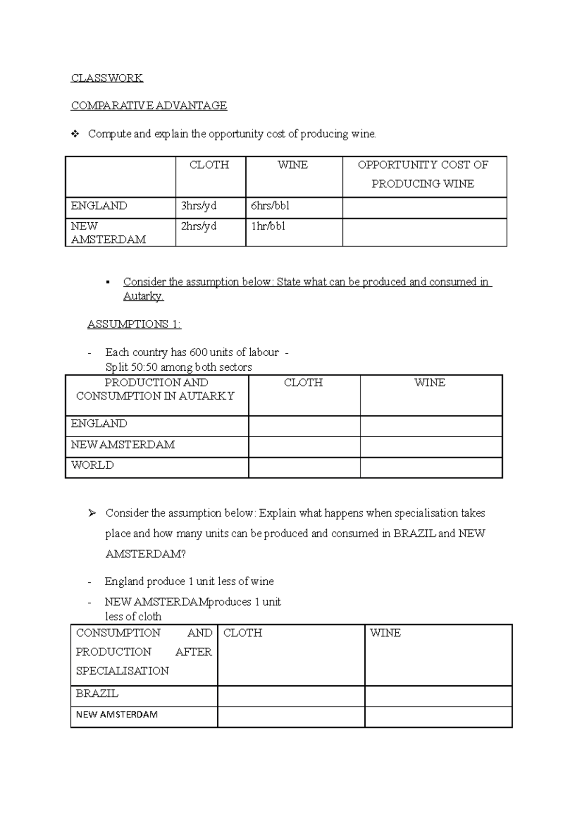 ECON Comparative Advantage Practice Question Sessions - CLASSWORK ...