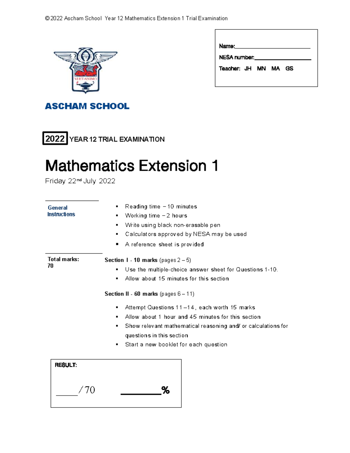 Ascham 2022 Extension 1 Solutions - © 2022 Ascham School Year 12 ...