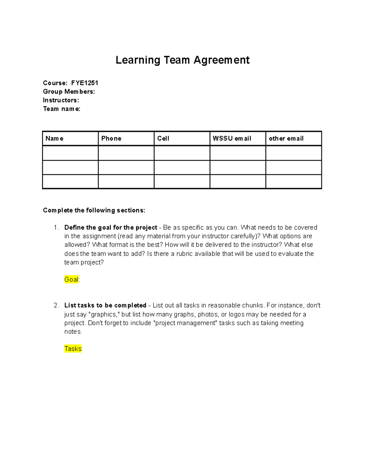 FYE 1251 Learning Team Agreement blank - Learning Team Agreement Course ...