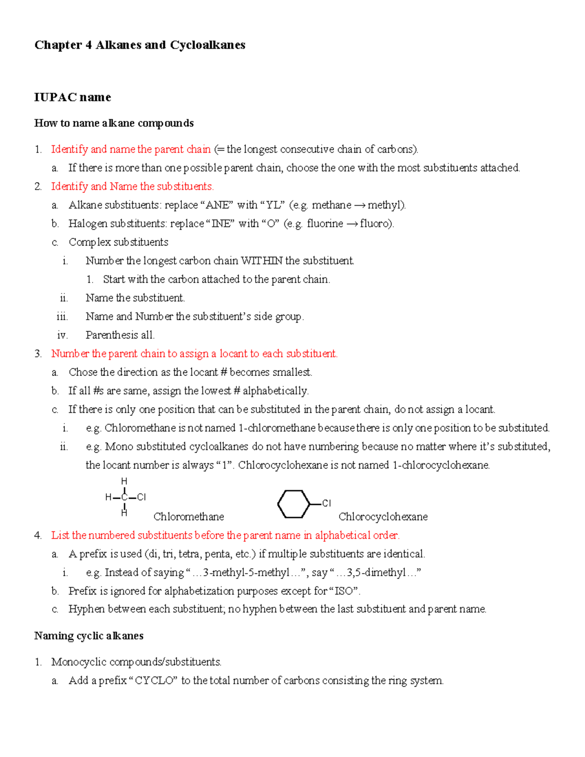 CHEM 3411 handout Ch4 v2 - Chapter 4 Alkanes and Cycloalkanes IUPAC name How to name alkane ...