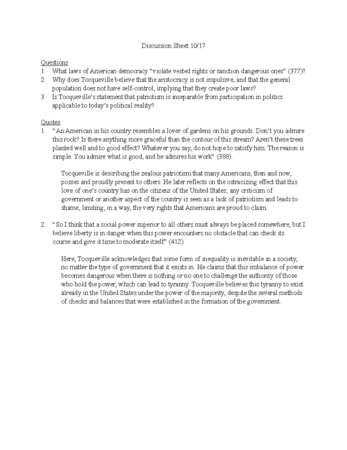 "Democracy in America" Discussion Sheet 10:17 - Discussion Sheet 10 ...