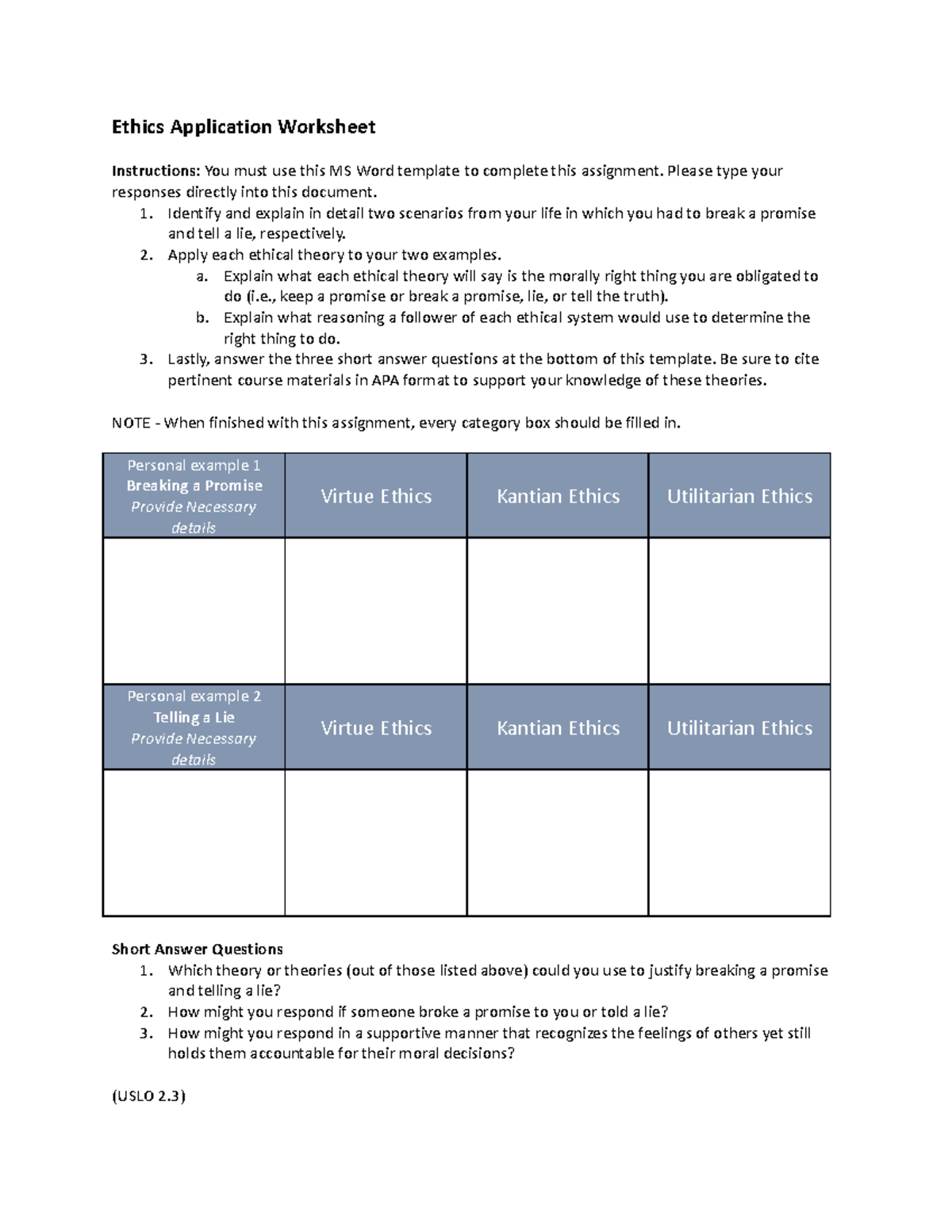 Ethics Application Worksheet Template - Ethics Application Worksheet ...