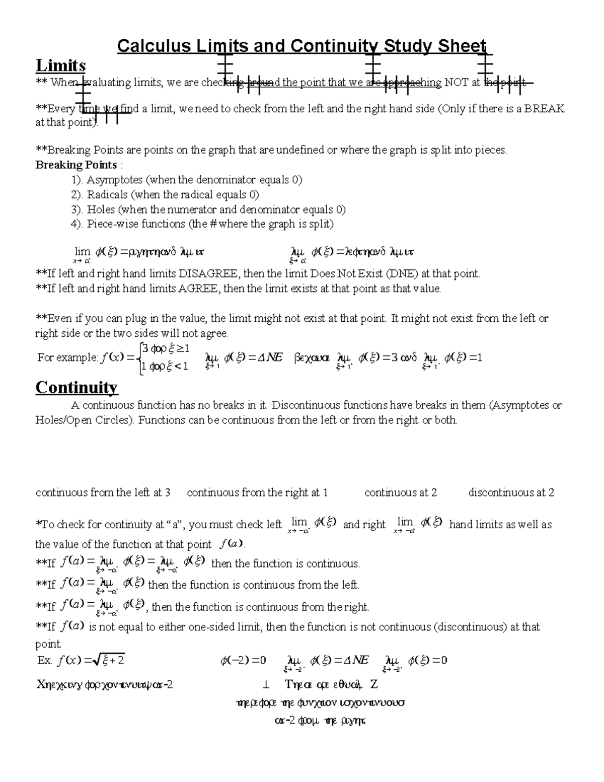 CH.1 Limits Study Sheet - Calculus Limits and Continuity Study Sheet Limits ** When evaluating ...