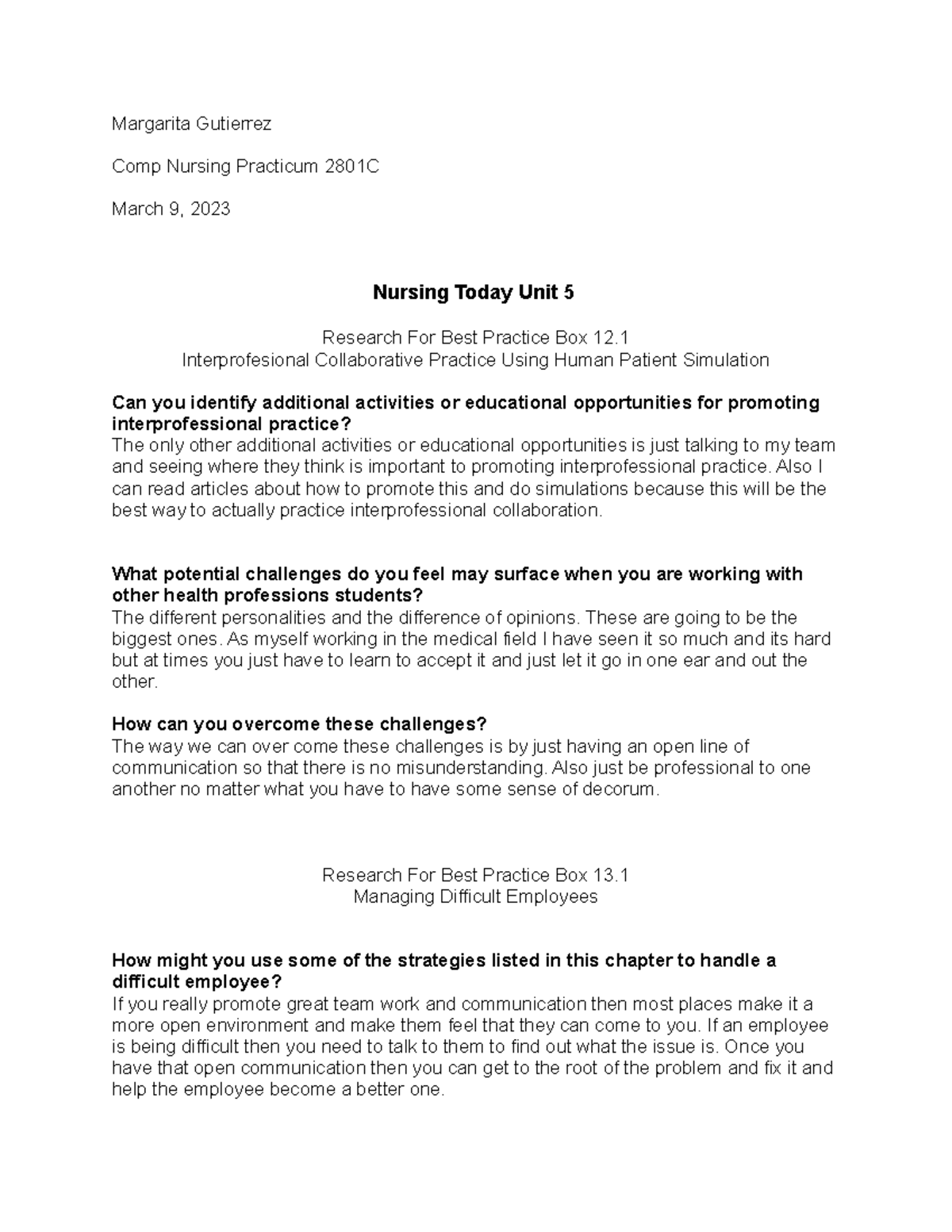 Nursing Today Unit 5 - Margarita Gutierrez Comp Nursing Practicum 2801C ...