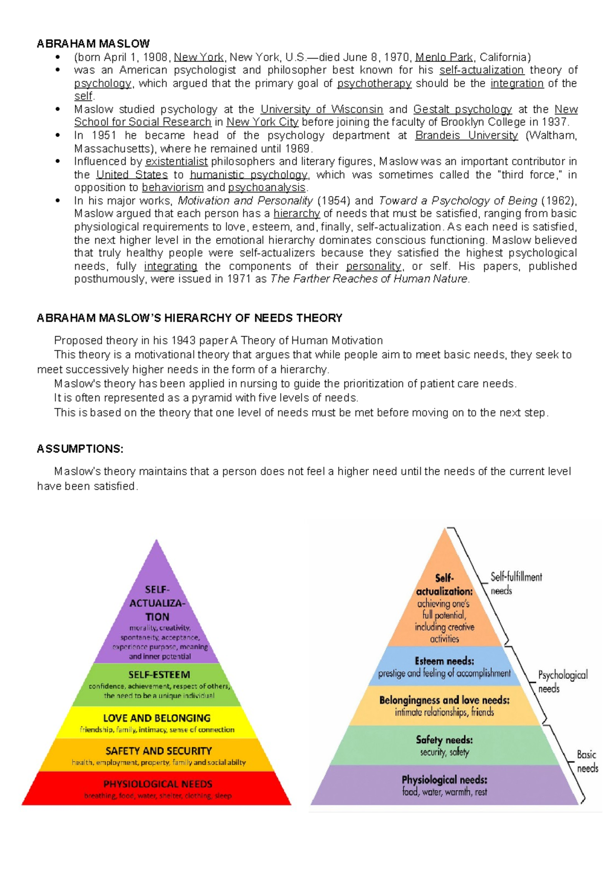 Abraham Maslow'S Lecture Note - ABRAHAM MASLOW (born April 1, 1908, New ...