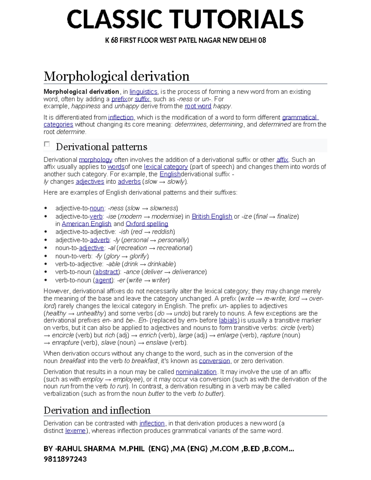 Morphological derivation - CLASSIC TUTORIALS K 68 FIRST FLOOR WEST PATEL NAGAR NEW DELHI 08 ...