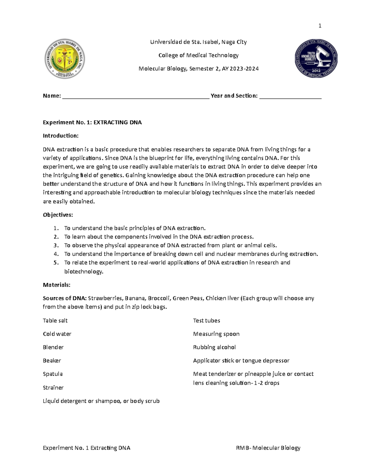 Experiment 1-Extracting DNA - 1 Experiment No. 1 Extracting DNA RMB ...