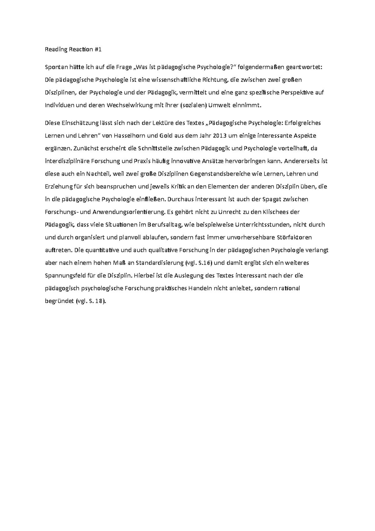 Reading Reaction #1 - Lösung zur Aufgabe der Pflichtlektüre - Reading ...