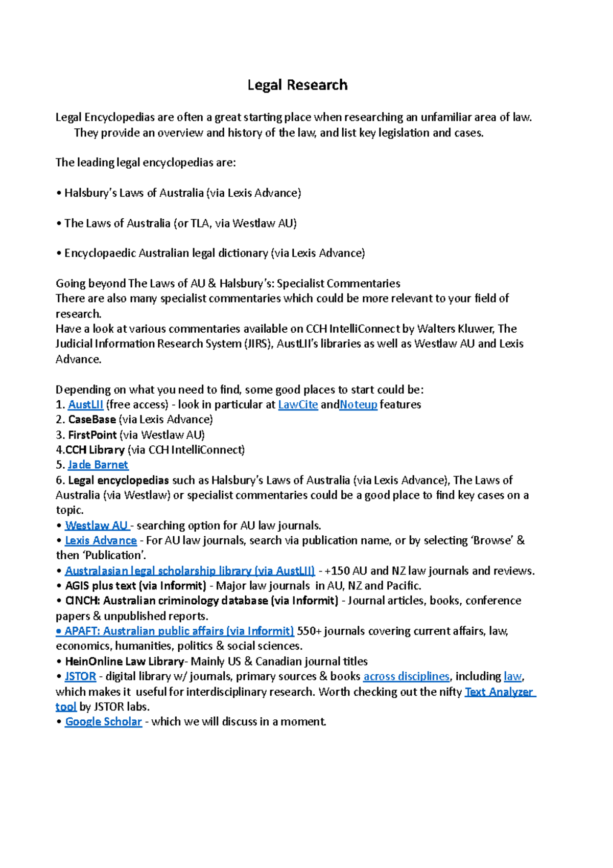 Legal Research - notes - Legal Research Legal Encyclopedias are often a ...