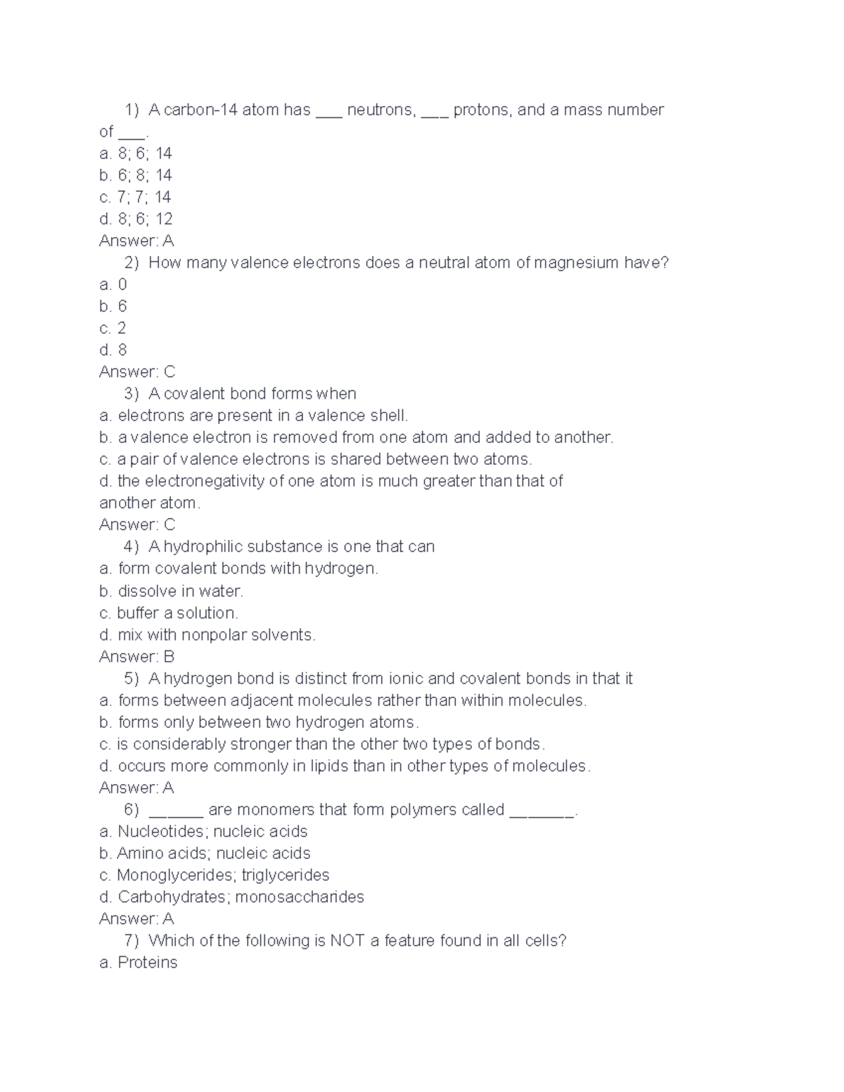 Bio 100 multiple choice practice questions - A carbon-14 atom has ...