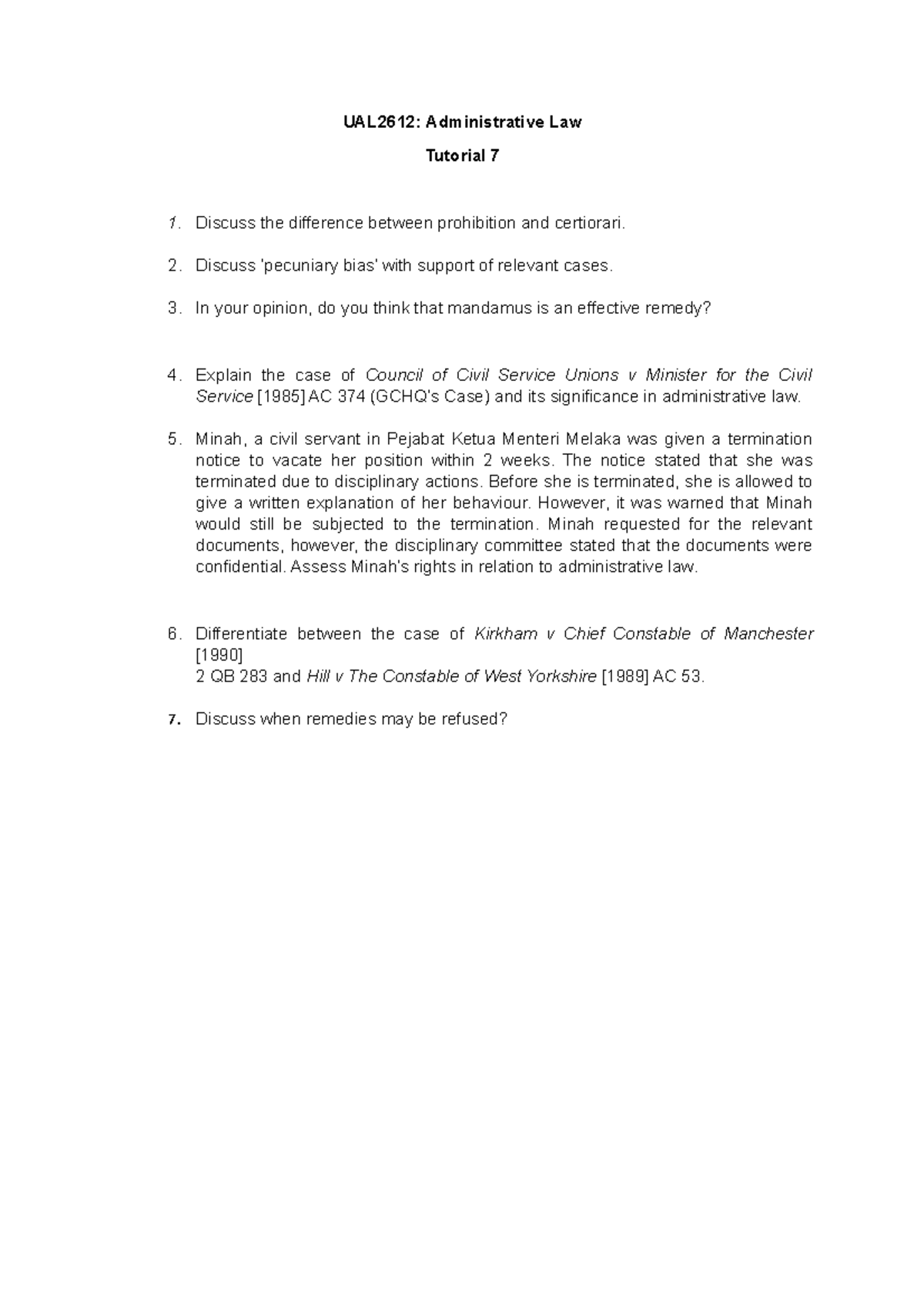 Tutorial 7 Admin - UAL2612: Administrative Law Tutorial 7 Discuss the ...
