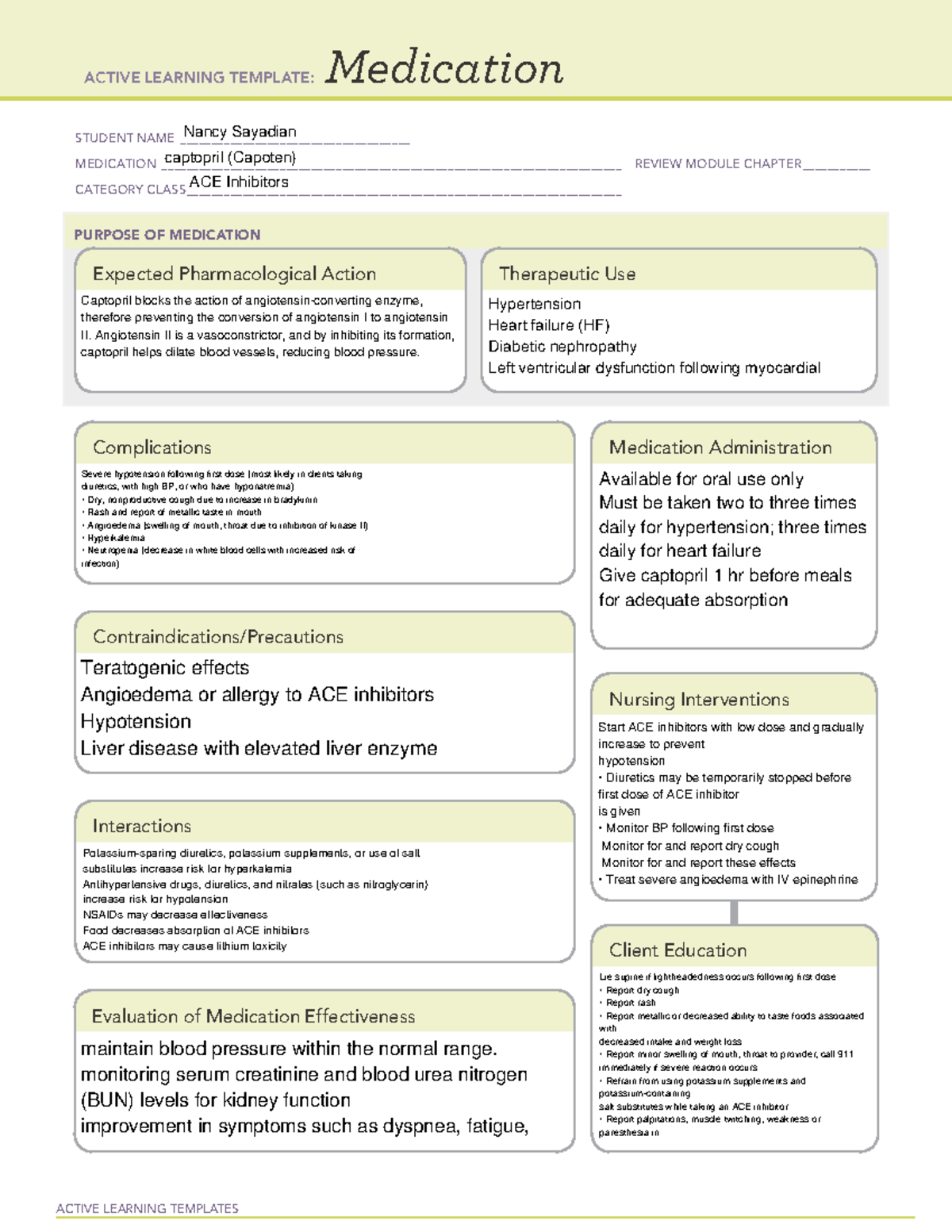 Captopril - ATI Meds for cardio - ACTIVE LEARNING TEMPLATES Medication ...