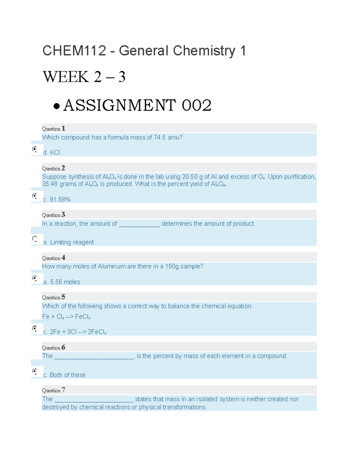 Pdfcoffee - chem - CHEM112 - General Chemistry 1 WEEK 2 – 3 ASSIGNMENT ...