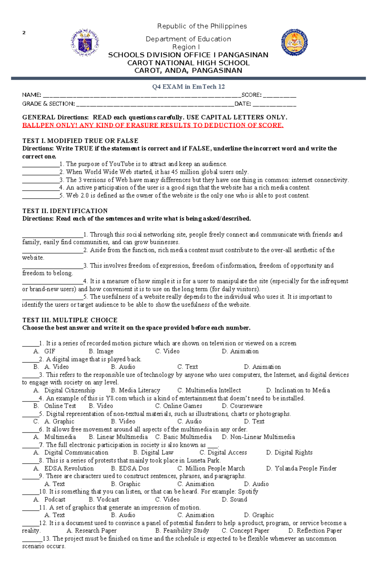 Emtech 12 1 - BOOK - Republic of the Philippines 2 Department of ...