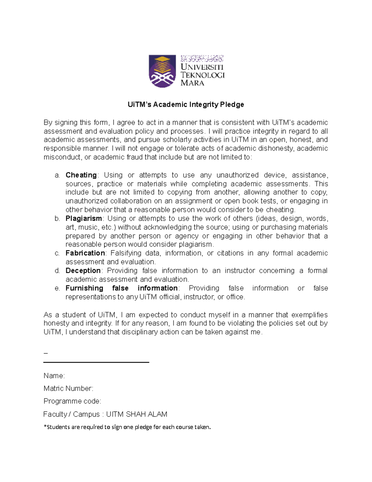 Ikrar Integriti Pelajar - UiTM’s Academic Integrity Pledge By signing ...
