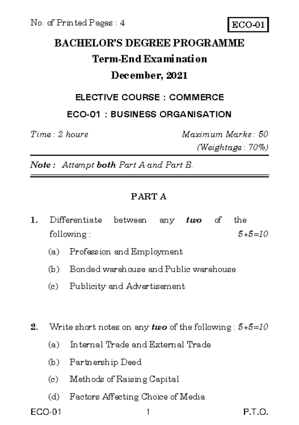 Bcom COMMERCE MODEL PAPER S - ECO-01 1 P.T. ECO- BACHELOR’S DEGREE ...